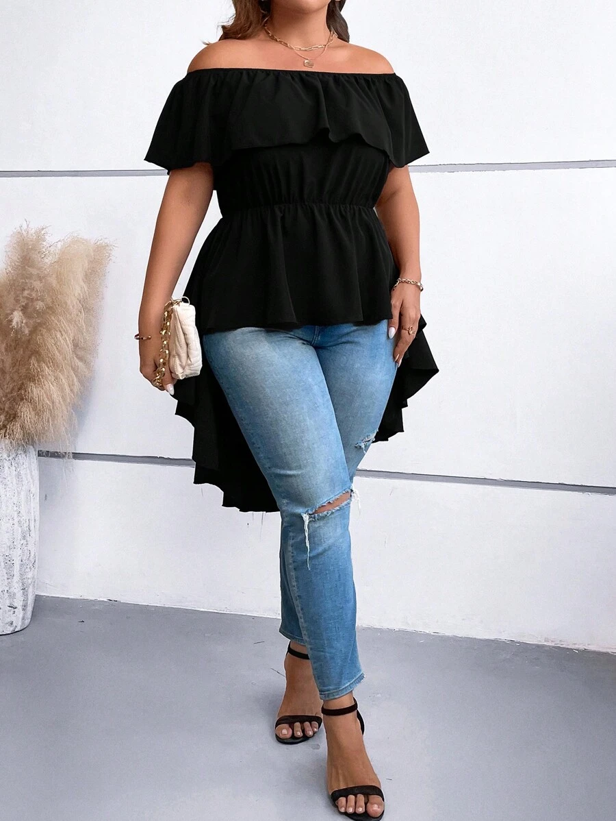 Celure Plus Off Shoulder Ruffle Trim High Low Hem Blouse | SHEIN USA
