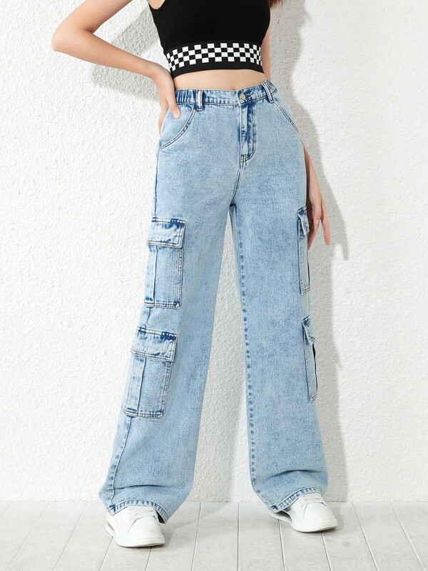 Tween Girl Flap Pocket Side Cargo Jeans | SHEIN UK