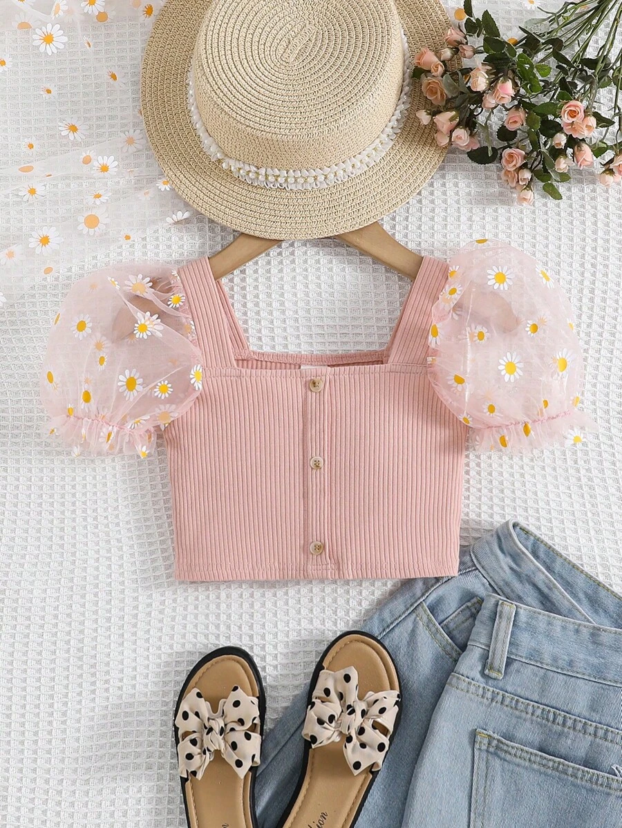 SHEIN Baby Girl Daisy Floral Print Contrast Mesh Puff Sleeve Top ...