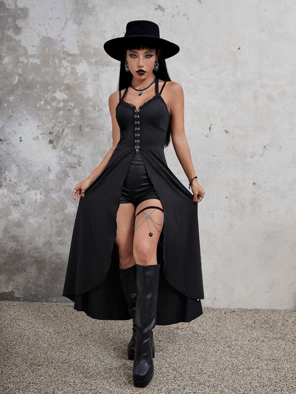 Goth Solid Hook And Eye Contrast Lace Top | SHEIN USA