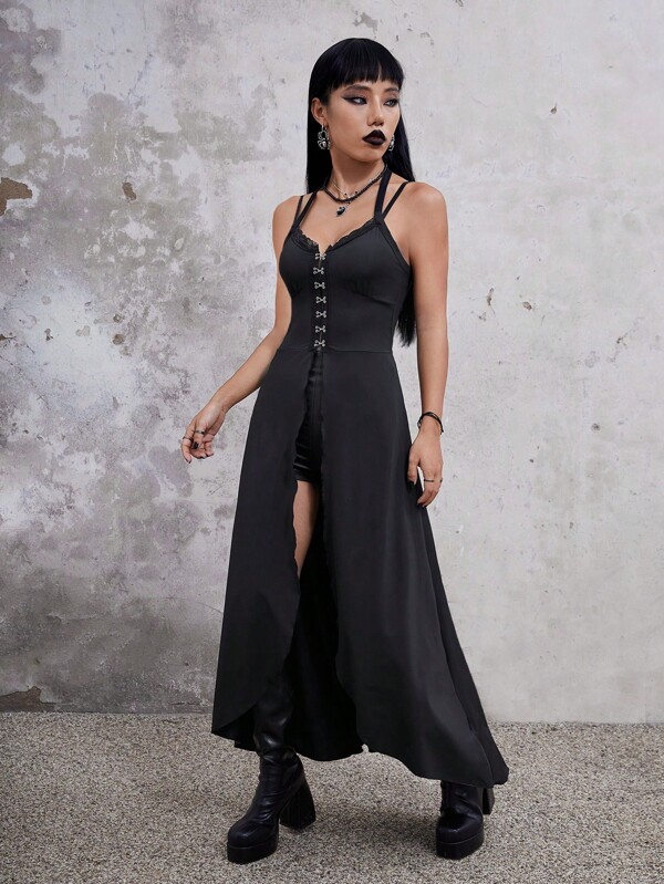 Goth Solid Hook And Eye Contrast Lace Top | SHEIN USA