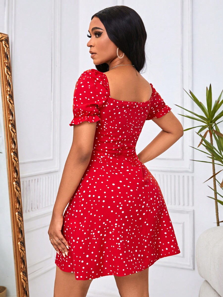SHEIN VCAY Sping Polka Dot Print Puff Sleeve Knot Front Ruched Bust Red ...