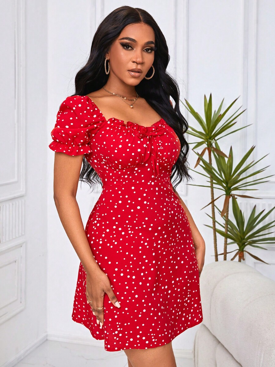SHEIN VCAY Sping Polka Dot Print Puff Sleeve Knot Front Ruched Bust Red ...