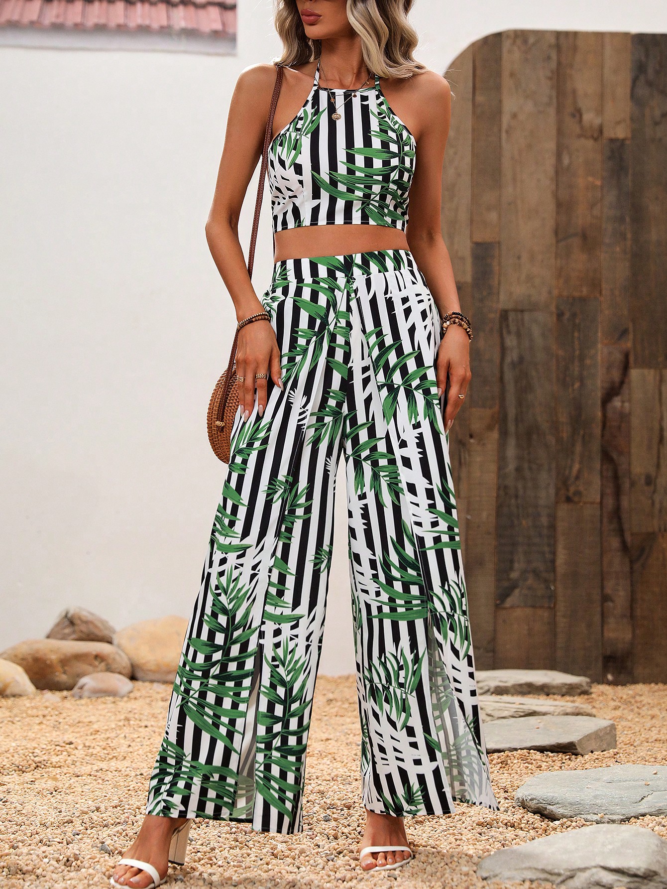 SHEIN VCAY Striped & Tropical Print Tie Backless Halter Top & Split ...