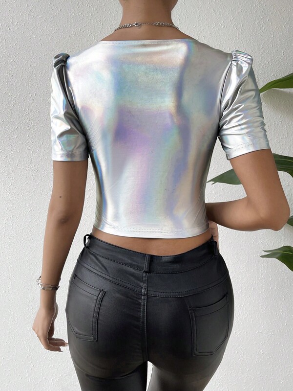 Shein Bae Sweetheart Neck Puff Sleeve Crop Metallic Tee Shein Usa