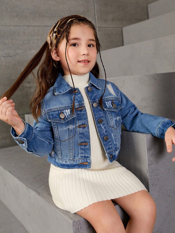 Young Girl Ripped Flap Pocket Denim Jacket | SHEIN USA