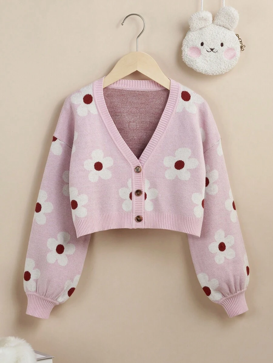 SHEIN Tween Girls' Multicolor Jacquard Lantern Sleeve V-neck Cardigan ...