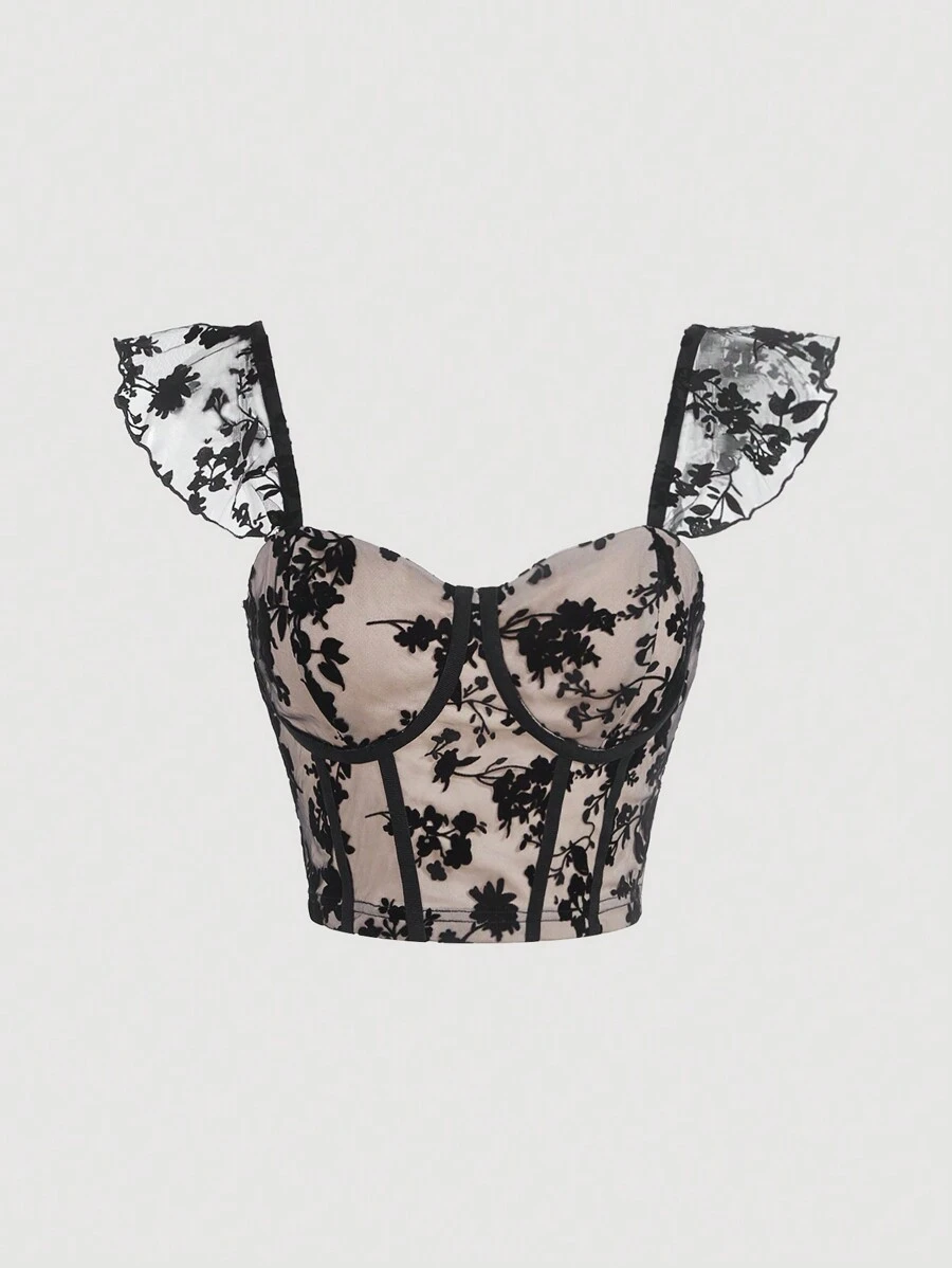 Floral Print Ruffle Trim Bustier Crop Corset Structure Top | SHEIN USA