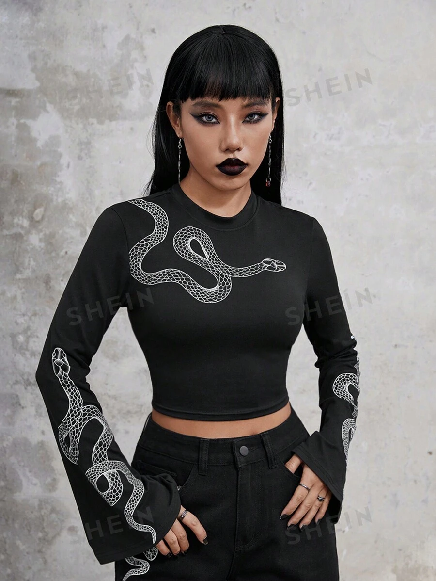 ROMWE Goth Snake Print Crop Tee | SHEIN USA