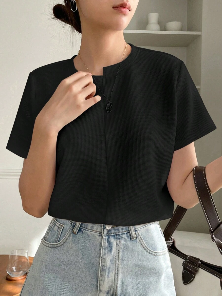 DAZY Solid Asymmetrical Neck Tee | SHEIN USA