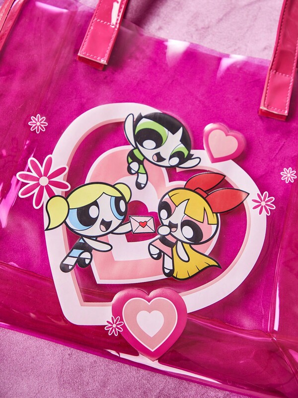 THE POWERPUFF GIRLS X SHEIN Cartoon Pattern Shoulder Tote Bag Pink PVC ...