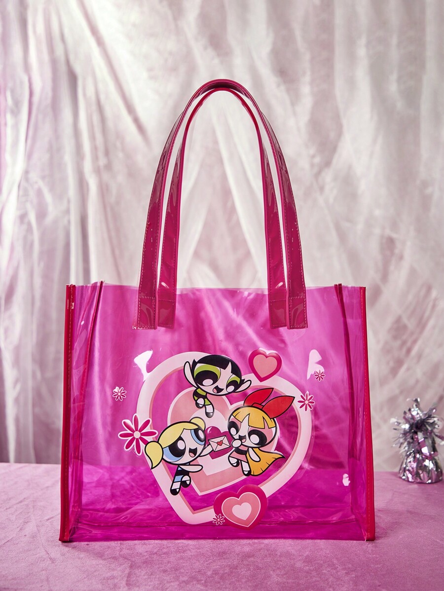 THE POWERPUFF GIRLS X SHEIN Cartoon Pattern Shoulder Tote Bag Pink PVC ...