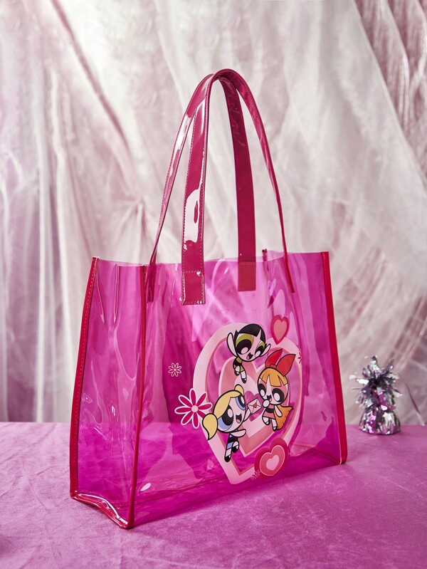 THE POWERPUFF GIRLS X SHEIN Cartoon Pattern Shoulder Tote Bag Pink PVC ...