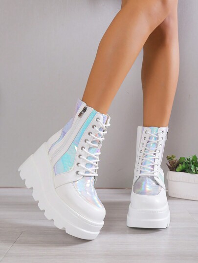 Women Holographic Lace-up Front Wedge Boots, Funky Outdoor Wedge Boots ...
