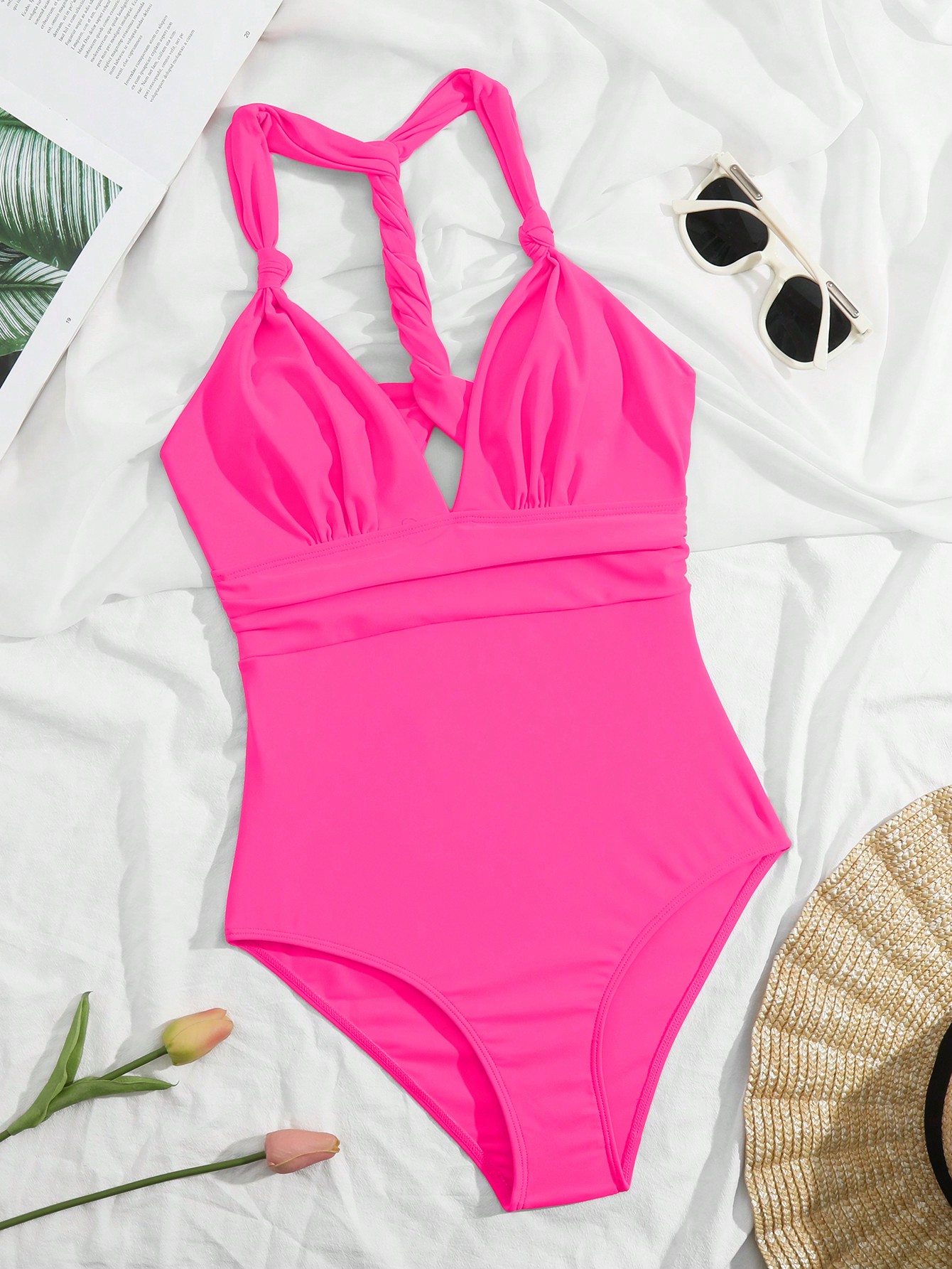 SHEIN Swim Basics Ruched Halter One Piece Swimsuit | SHEIN USA