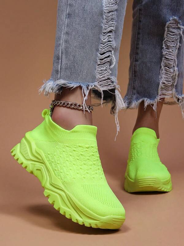 Sporty Sneakers For Women, Neon-green Slip On Chunky Sneakers | SHEIN USA