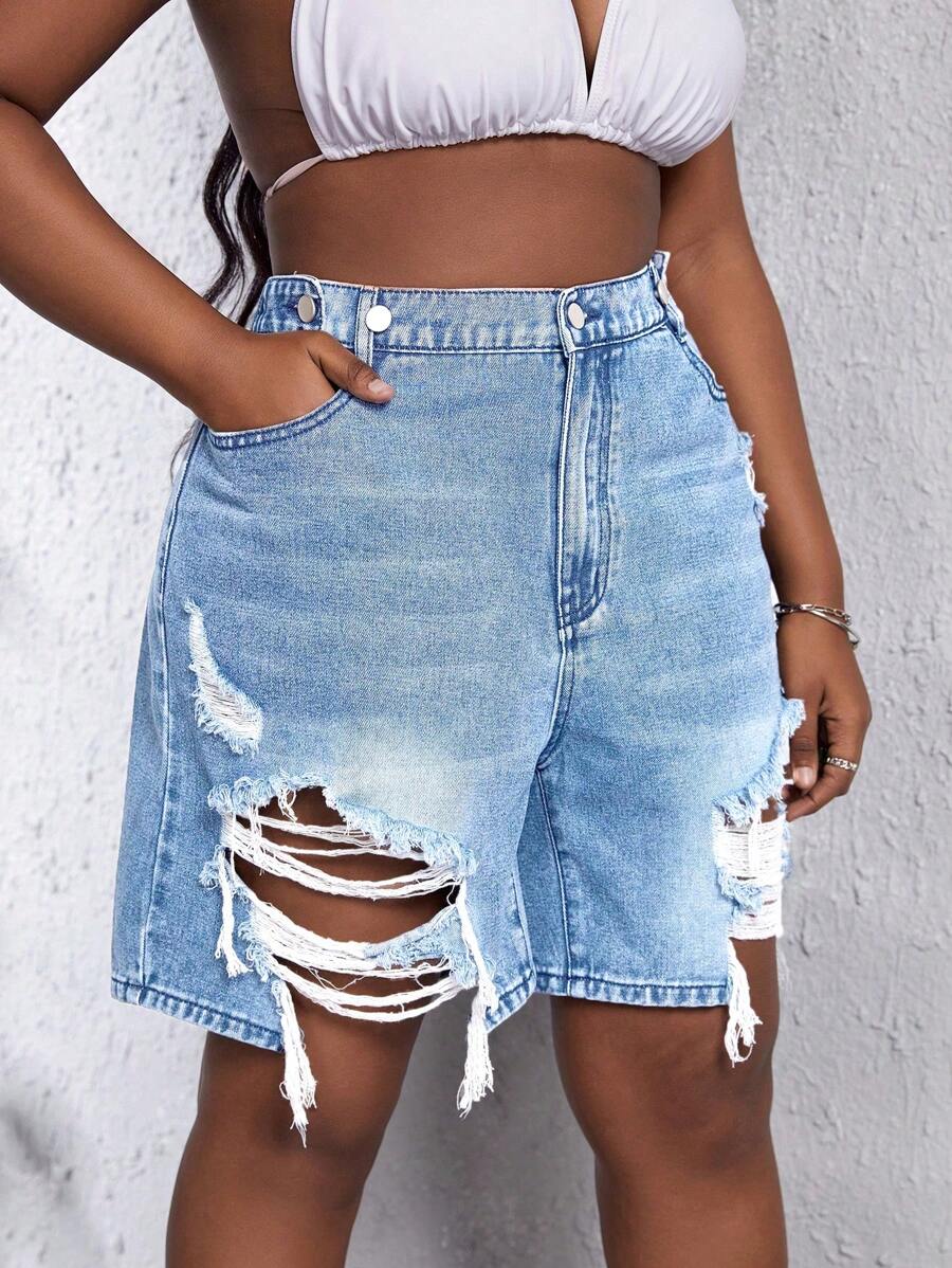 Plus Ripped Raw Cut Denim Shorts | SHEIN USA