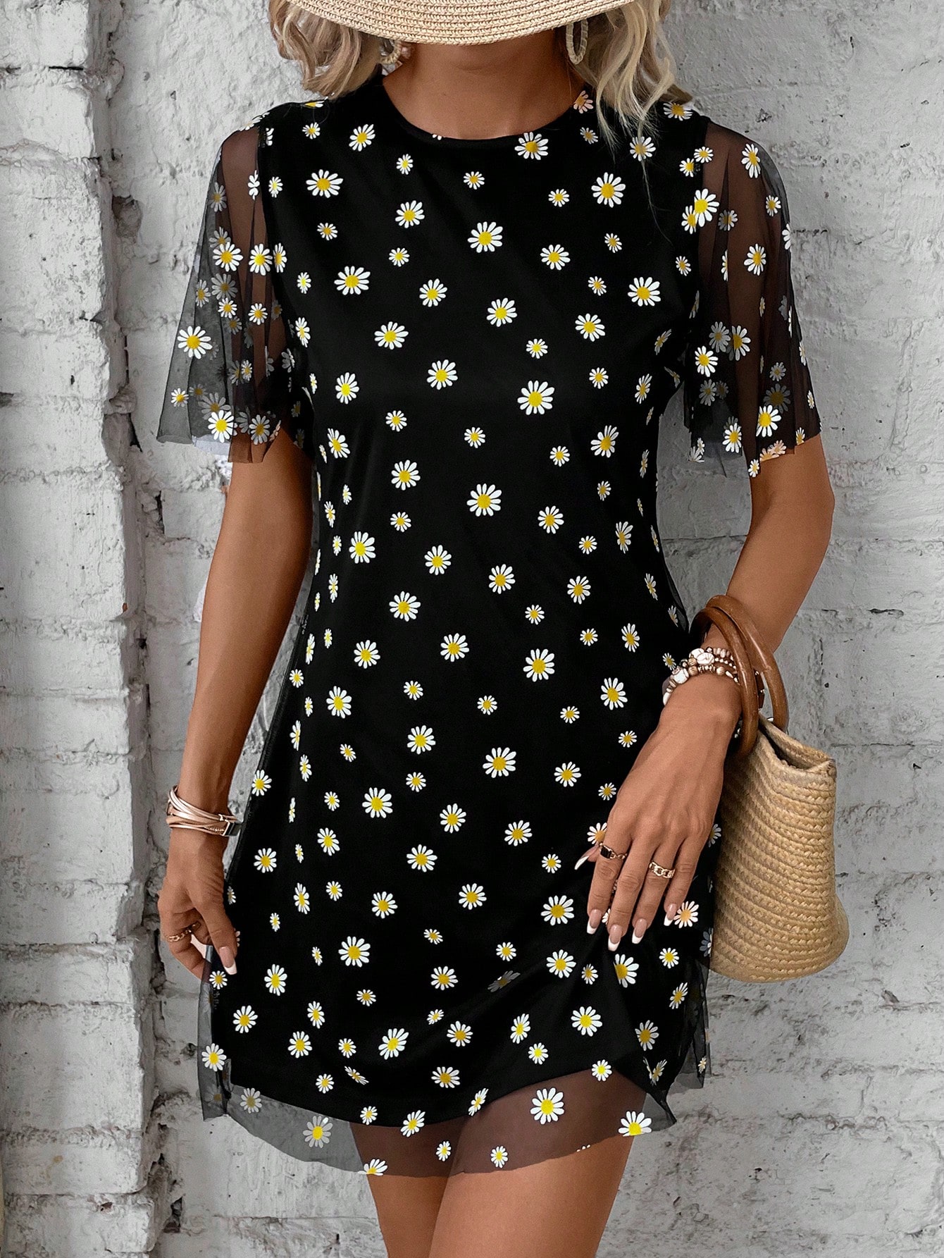 SHEIN Clasi Daisy Floral Print Mesh Overlay Dress | SHEIN UK