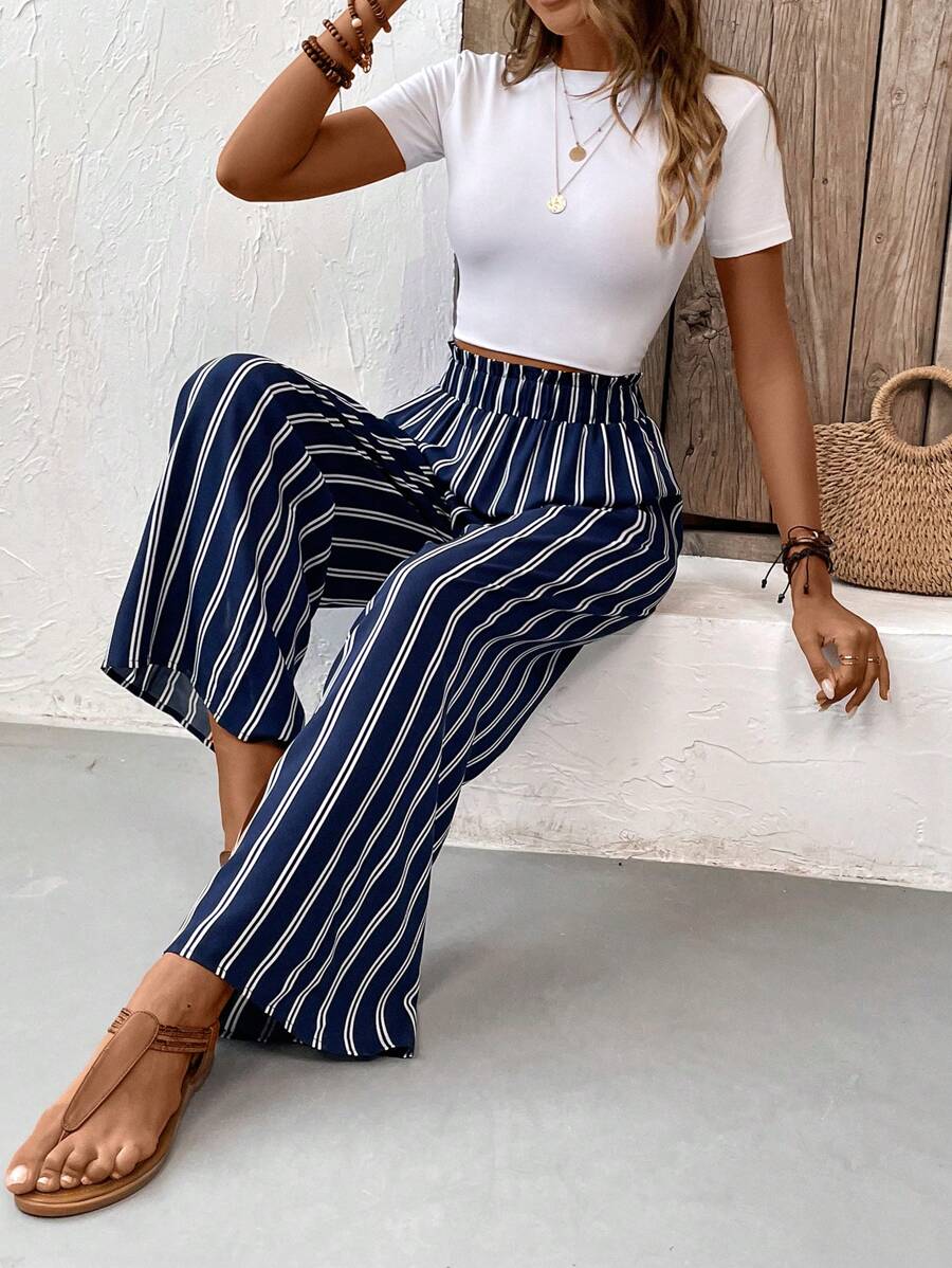 SHEIN VCAY Striped Print Wide Leg Trousers | SHEIN UK