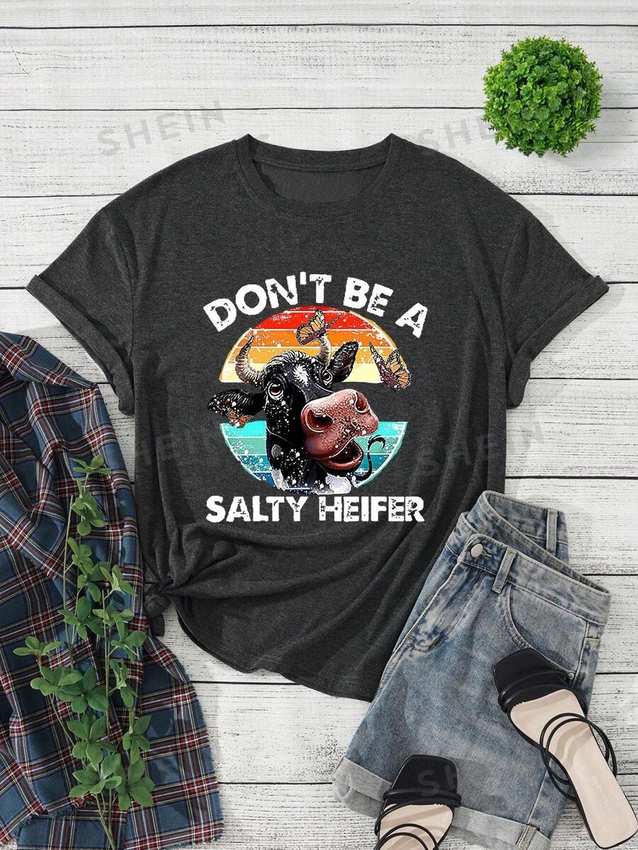 SHEIN EZwear Camiseta con eslogan y gráfico de vaca "NO SEAS UNA ...