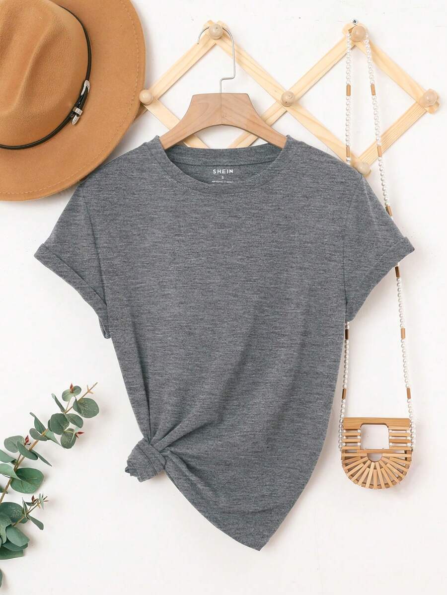 INAWLY Solid Round Neck Tee | SHEIN USA