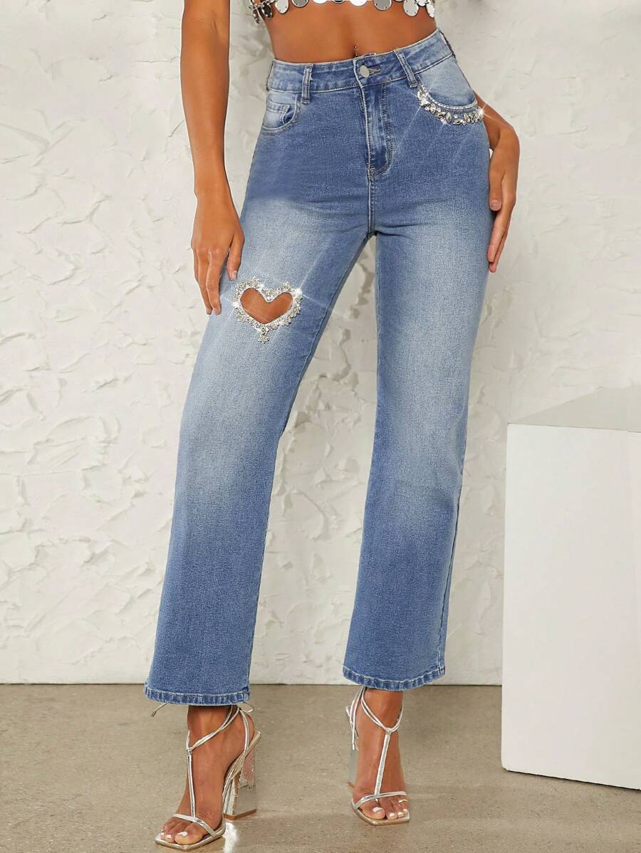 Denimoi Fall Women Clothes, Blue Casual High Waist Ripped Straight Leg ...