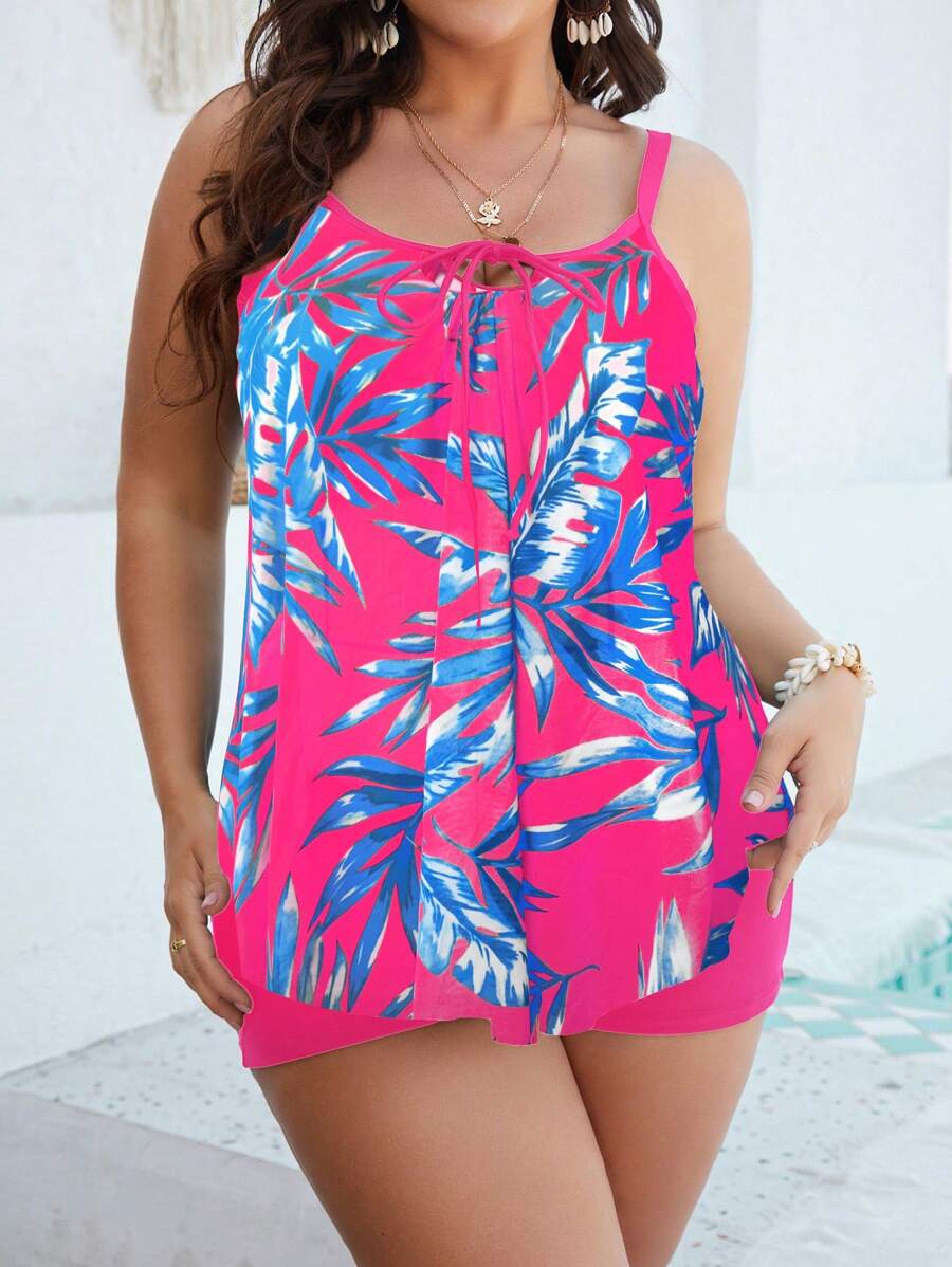 SHEIN Slayr Summer Beach Plus Size Tropical Print Tie Front Tankini ...