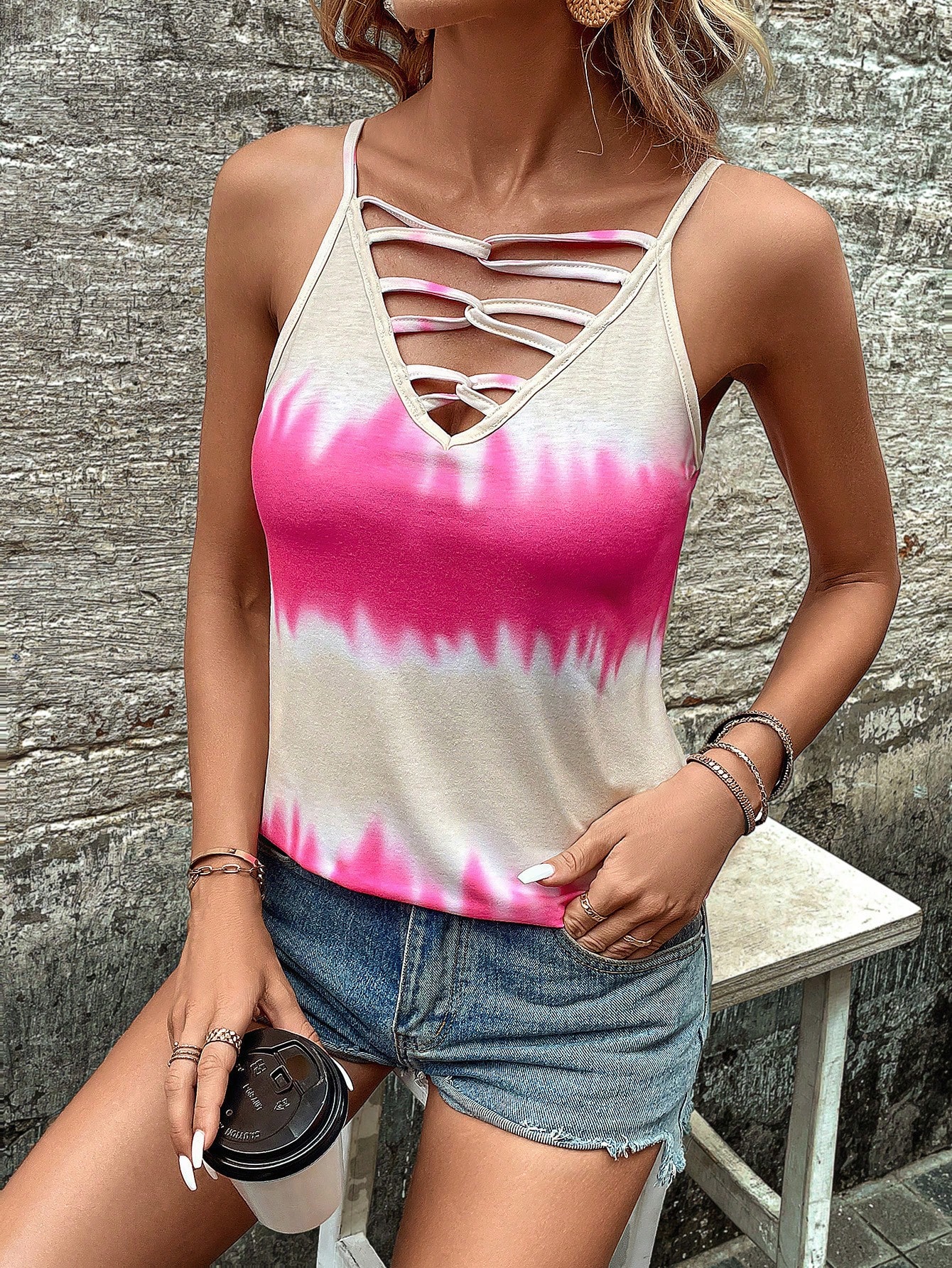 Shein Vcay Tie Dye Criss Cross Front Cami Top Shein Usa