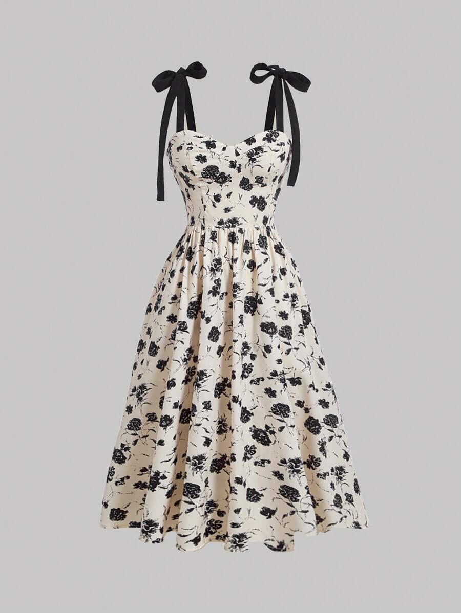 SHEIN MOD Bow Summer Long Summer Floral Print Tie Shoulder Cami Dress ...