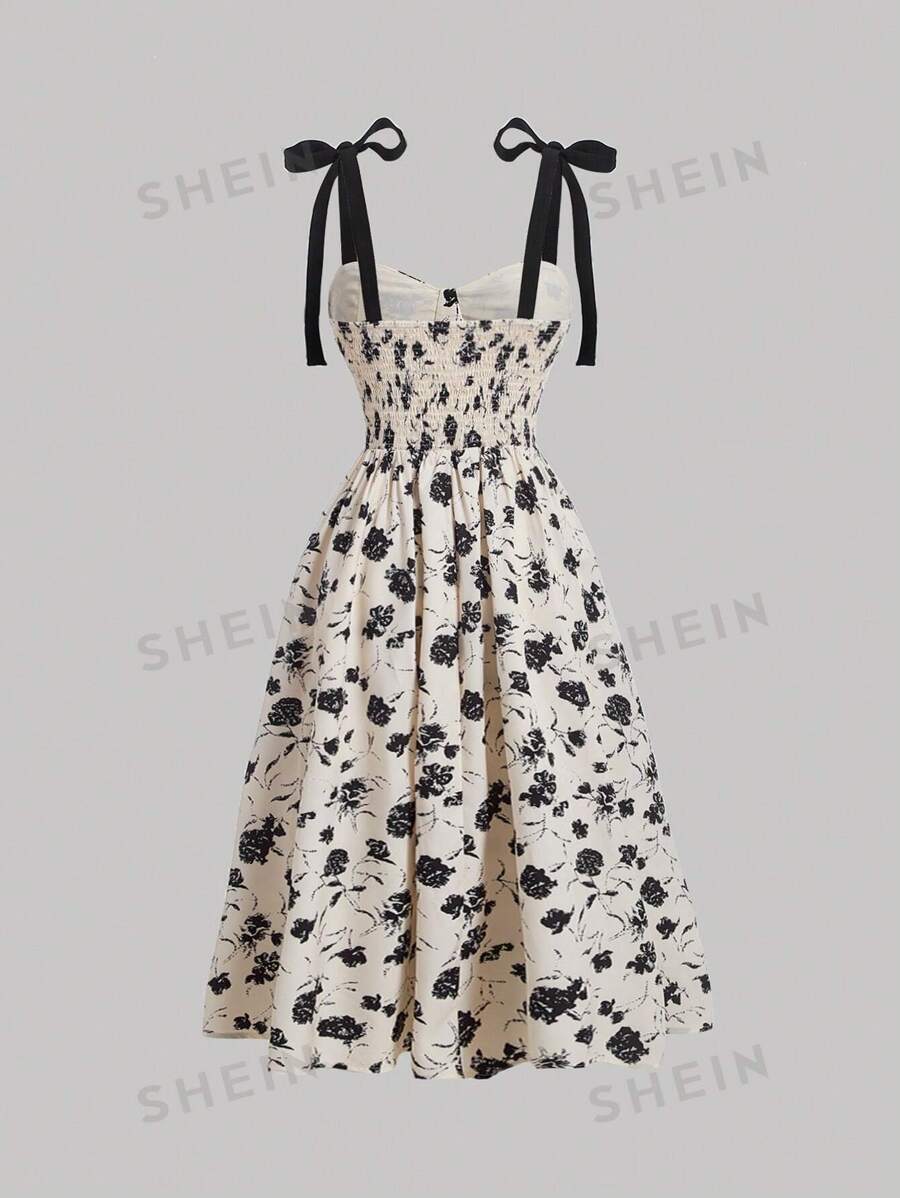 SHEIN MOD Bow Spring Break Long Summer Floral Print Tie Shoulder Cami ...