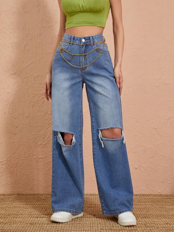 SHEIN Unity Brede pijpen jeans met scheuren Met ketting | SHEIN Nederland