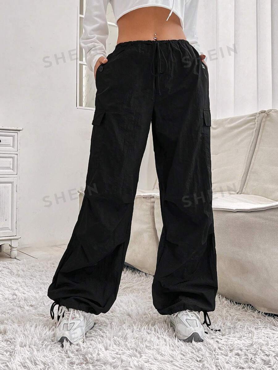 SHEIN EZwear Flap Pocket Side Drawstring Hem Cargo Trousers | SHEIN UK