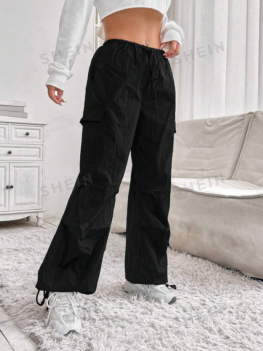 SHEIN EZwear Flap Pocket Side Drawstring Hem Cargo Trousers | SHEIN UK