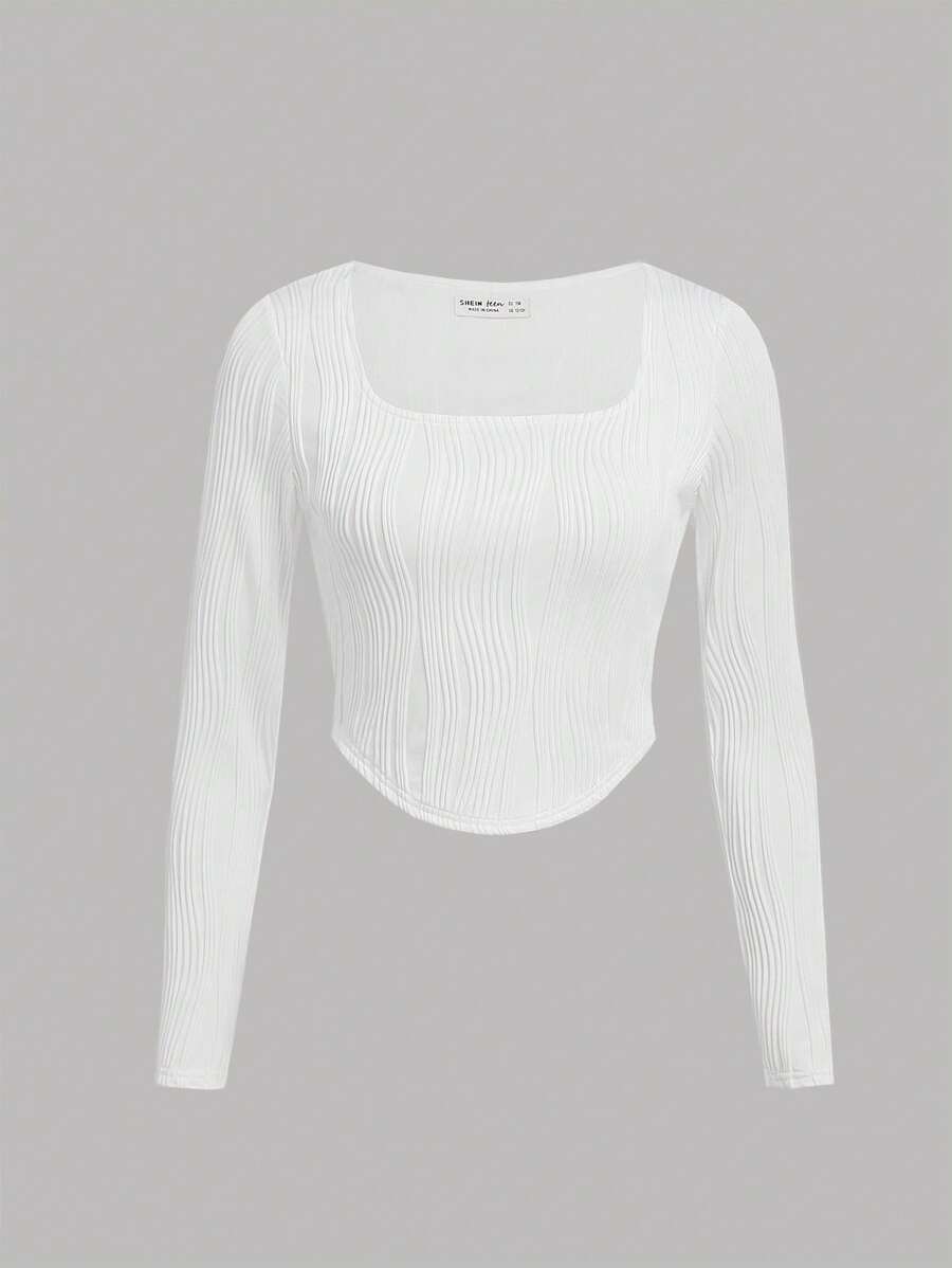 SHEIN Teen Girl Knitted Solid Color Square Neck Texture Fabric ...