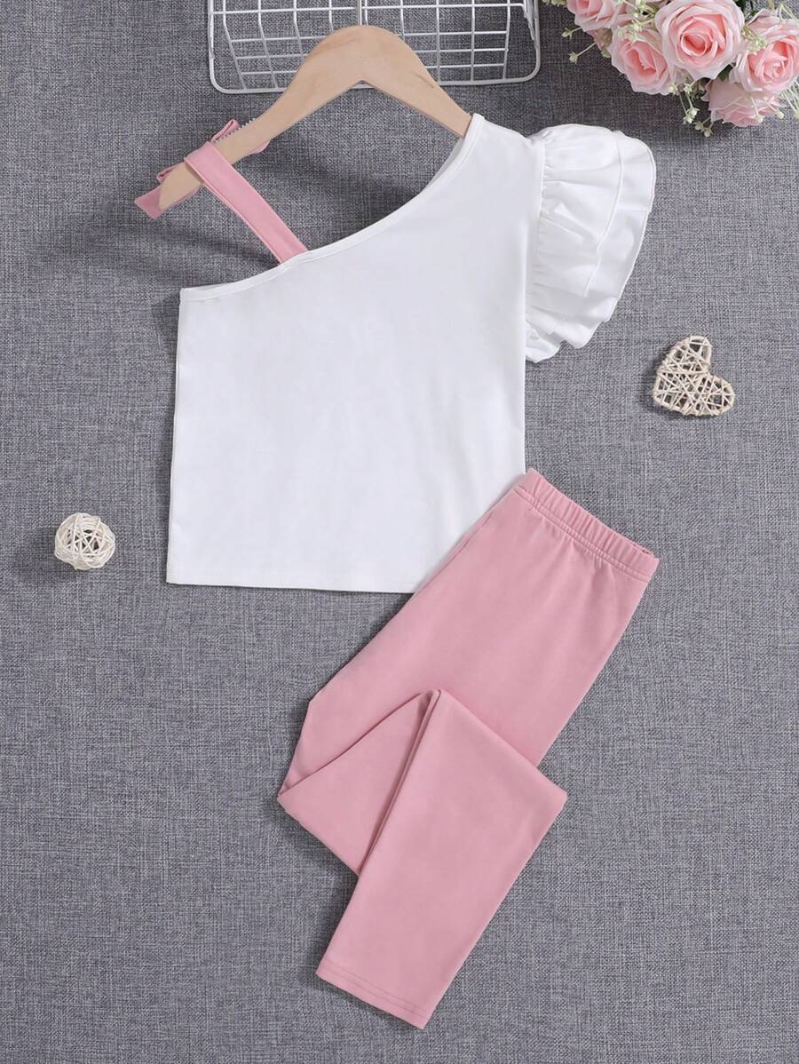 SHEIN Tween Girl Figure Graphic Asymmetrical Neck Ruffle Trim Top ...