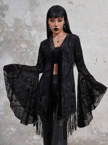 ROMWE Goth Paisley Print Fringe Hem Bell Sleeve Mesh Top | SHEIN USA