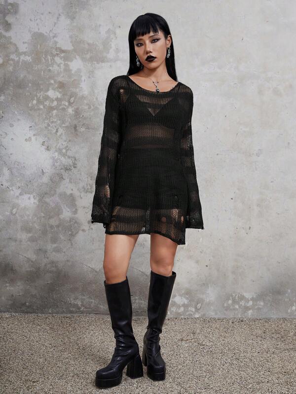 ROMWE Goth Solid Drop Shoulder Sweater Dress Without Bra | SHEIN USA