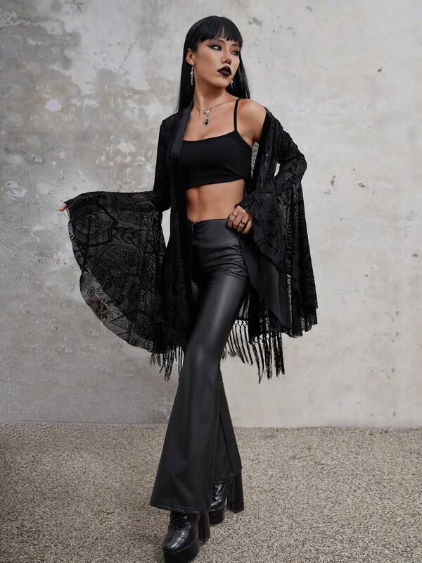 ROMWE Goth Paisley Print Fringe Hem Bell Sleeve Mesh Top | SHEIN USA