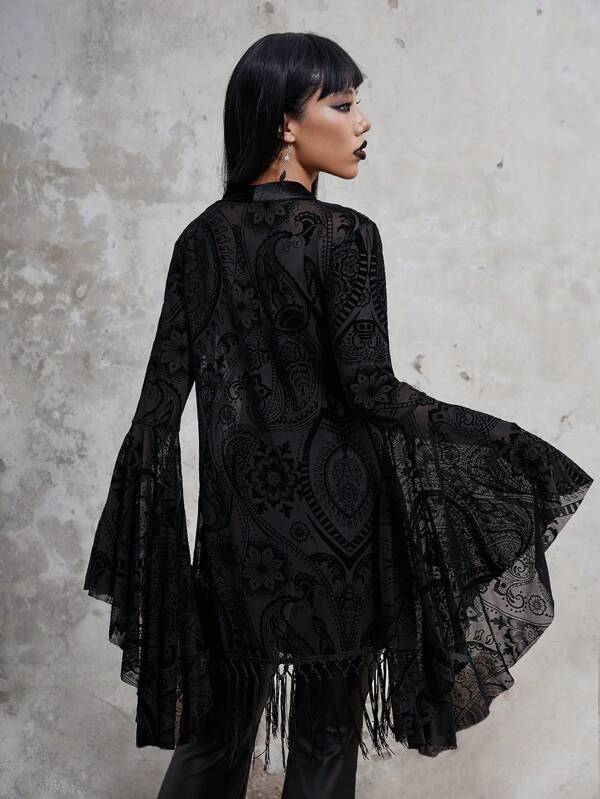 ROMWE Goth Paisley Print Fringe Hem Bell Sleeve Mesh Top | SHEIN USA