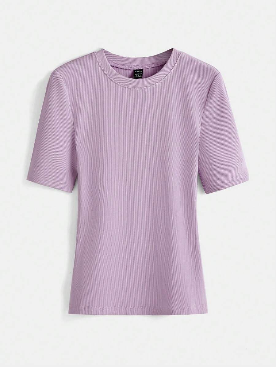 SHEIN BASICS Solid Ribbed Knit Tee | SHEIN USA