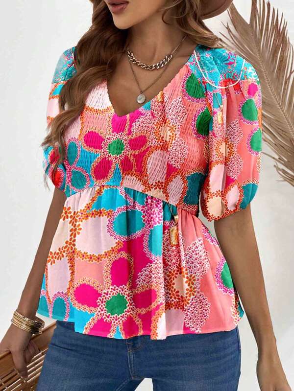 Dokotoo Allover Floral Print Puff Sleeve Peplum Blouse Shein Usa