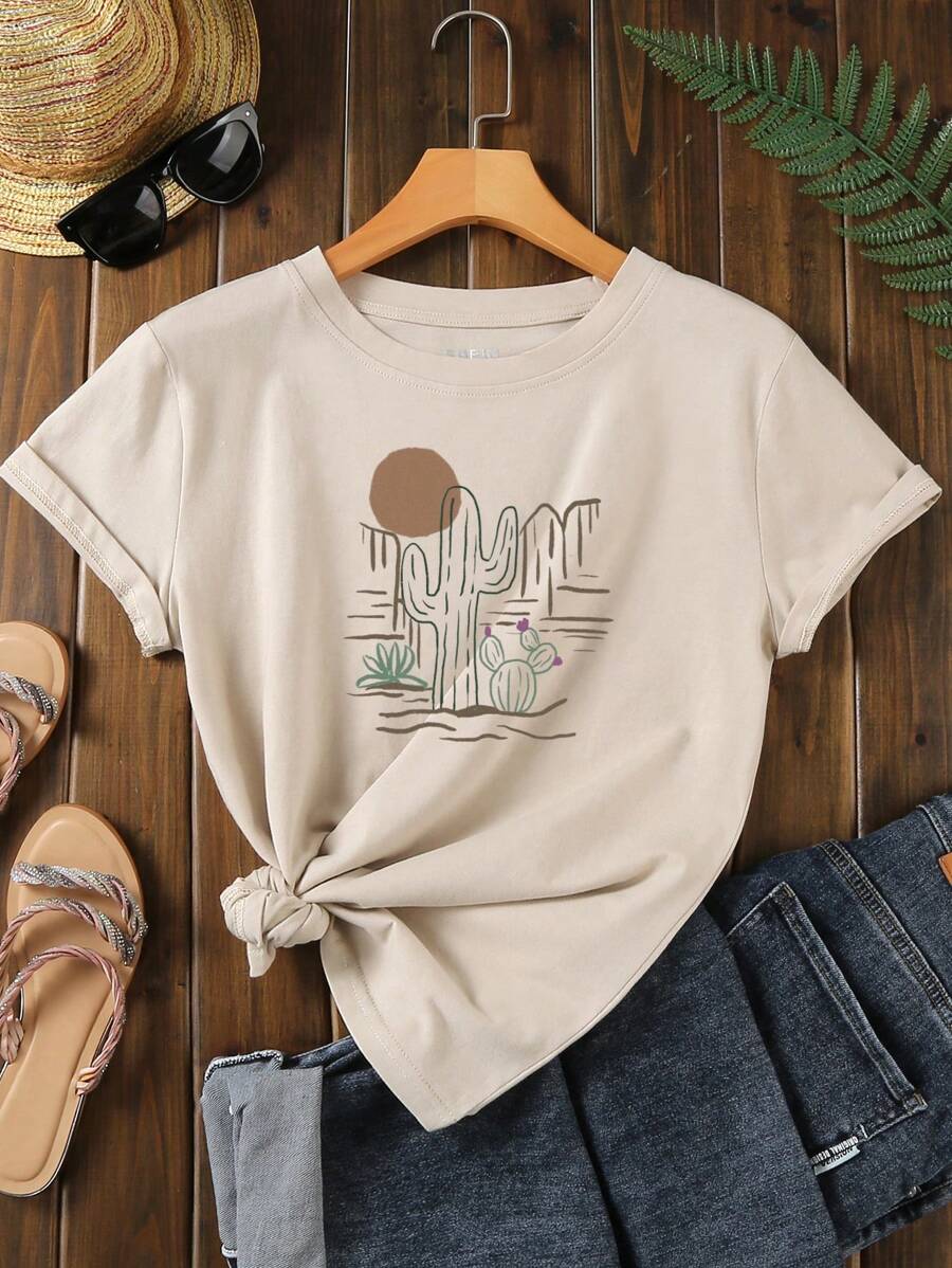 INAWLY Cactus Print Tee Graphic Tees Women Tops | SHEIN USA