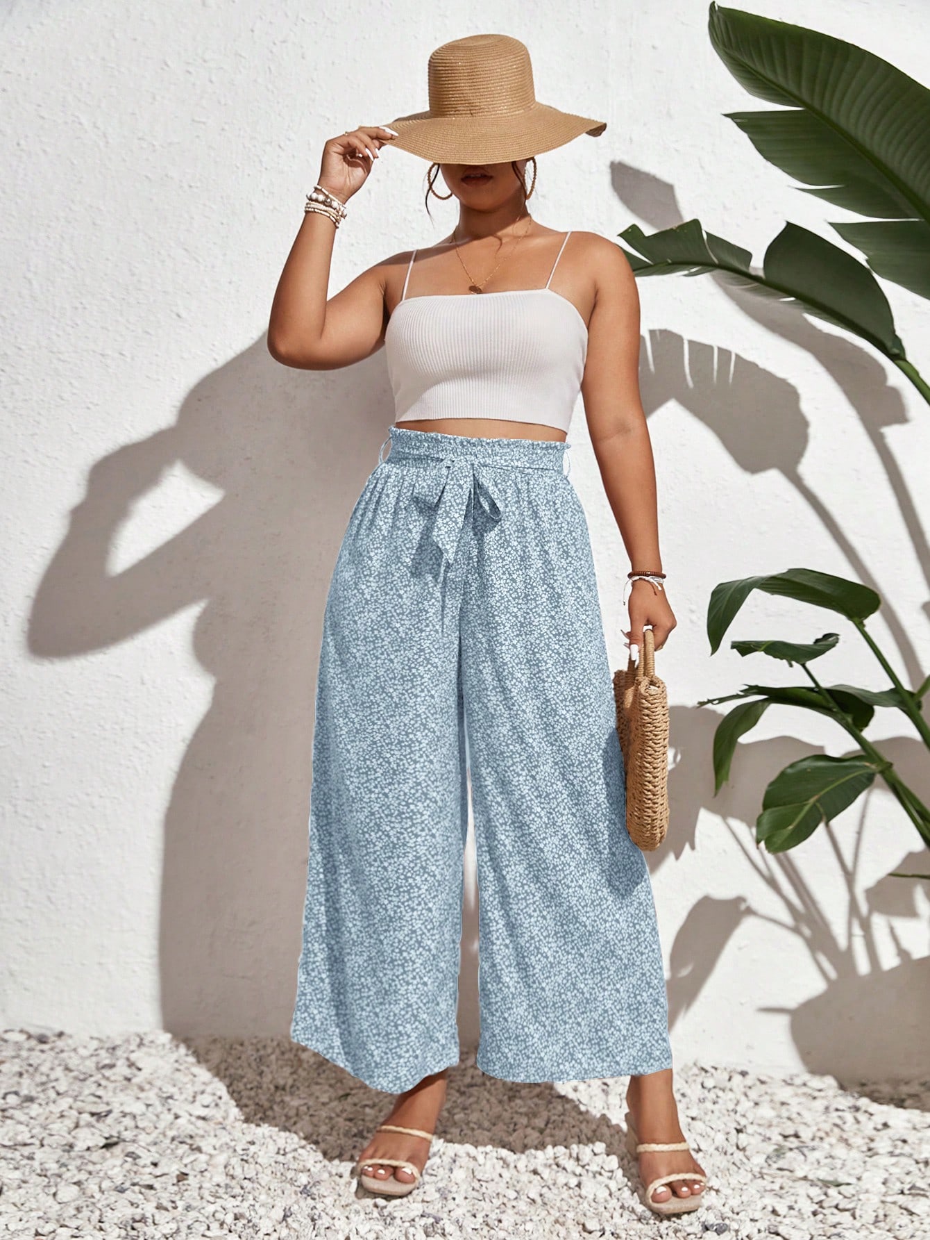 Shein Frenchy Plus Ditsy Floral Print Paperbag Waist Belted Wide Leg