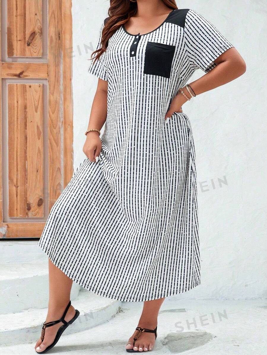 Shein Lune Plus Striped Print Pocket Patched Dress Shein Usa