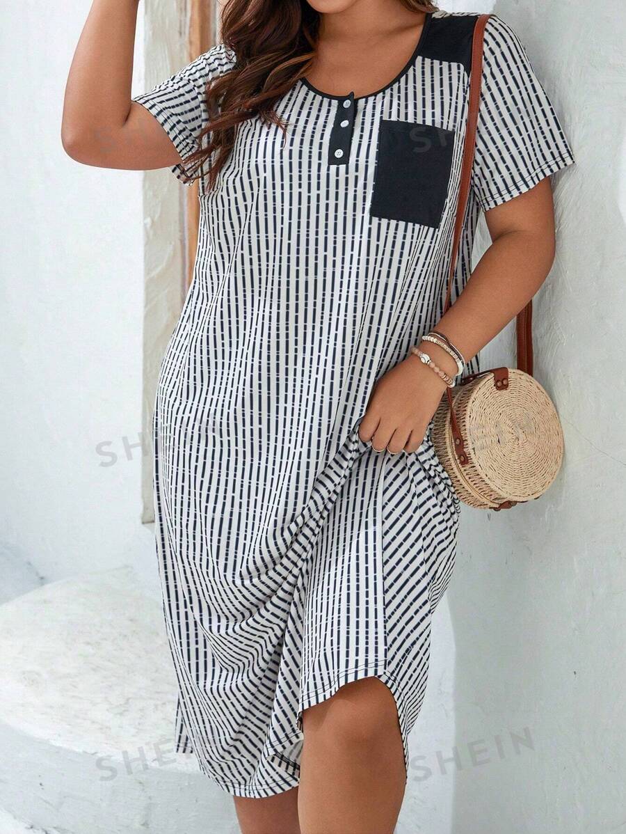 Shein Lune Plus Striped Print Pocket Patched Dress Shein Usa