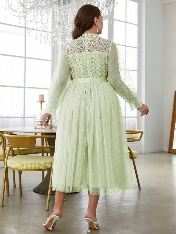 Simplee Plus Belted Contrast Lace Dobby Mesh Dress | SHEIN USA