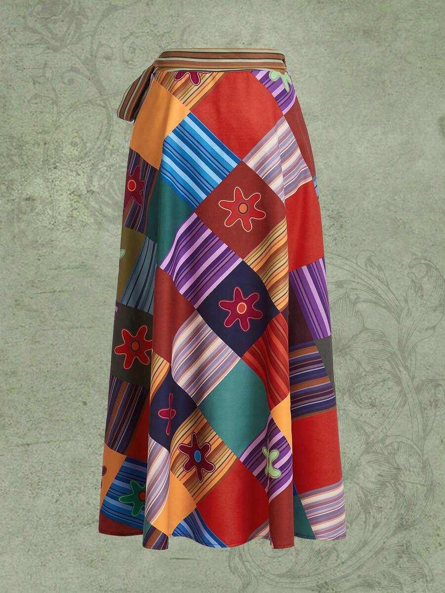 SHEIN Unity Patchwork Print Knot Side Skirt | SHEIN USA