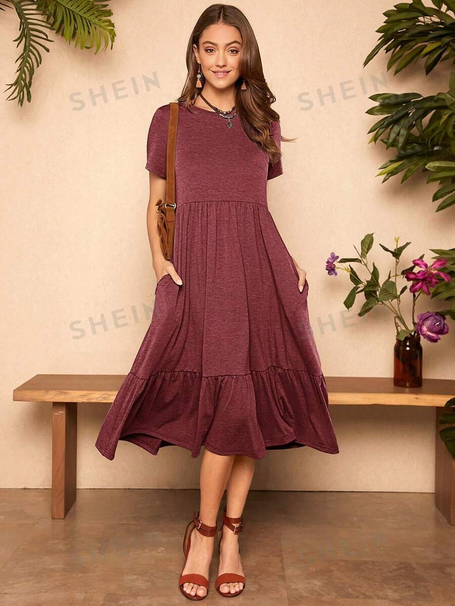 SHEIN LUNE Solid Ruffle Hem Hidden Pocket Dress | SHEIN USA