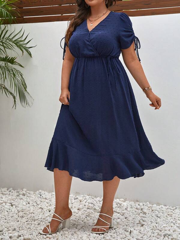 SHEIN Frenchy Plus Swiss Dot Surplice Neck Ruffle Hem Dress | SHEIN USA