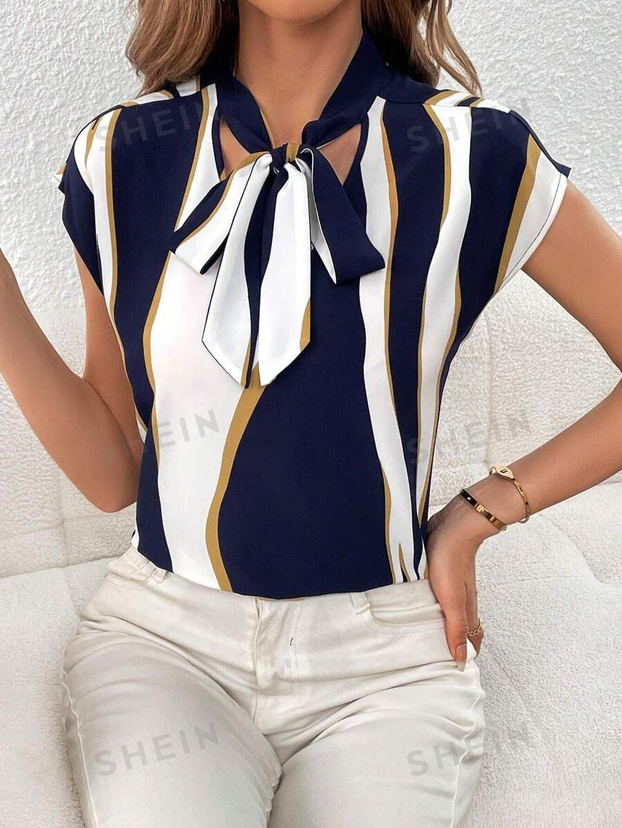 SHEIN Privé Work Women Shirts Colorblock Tie Neck Batwing Sleeve Blouse ...